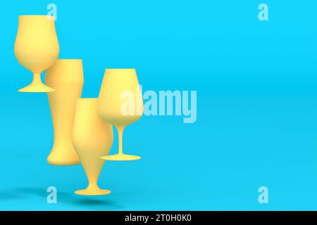 Yellow glasses of fresh draft beer on a grey monochrome background. 3D ...
