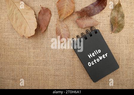 "Hello October" writing on spiral black notebook on burlap with ...