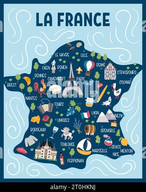 Vector France map. Cartoon postcard with French places of interest ...