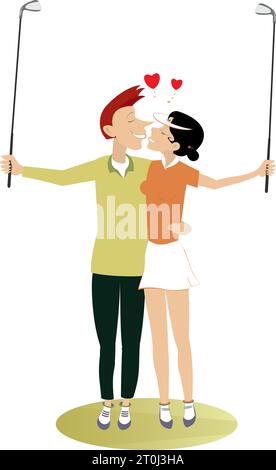 Golf course. Man and woman falling in love and kissing. Love couple ...