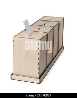 Wooden ballot boxes with vote isolated on white Stock Photo - Alamy
