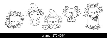 Set Clipart Halloween Axolotl Coloring Page and Colored Illustration ...