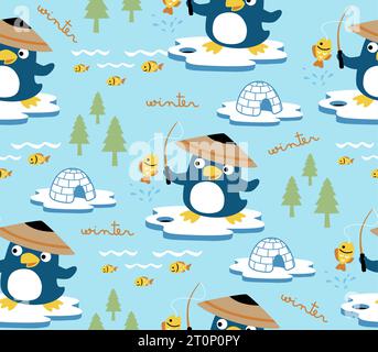 Vector seamless pattern with fish,penguin,whale,killer whale, octopus ...