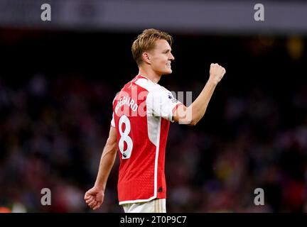 Martin Odegaard (A) celebrates at the end at the Arsenal v Aston Villa ...