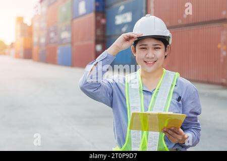 Asian woman happy dock worker control loading containers cargo at ...
