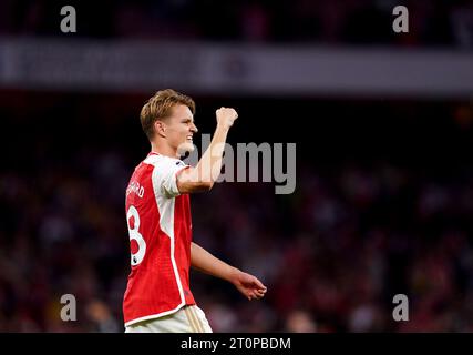 Martin Odegaard (A) celebrates at the end at the Arsenal v Aston Villa ...