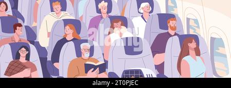 Female passenger sleeping on plane flight. Plane business class cartoon ...