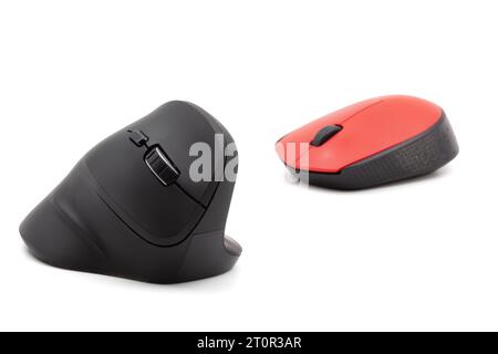 Vertical black and horizontal red computer mouse on a white background ...