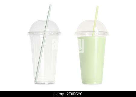 Empty and full smoothie plastic cups isolated on white, set Stock Photo ...