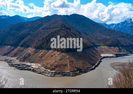 A mountainous landscape with a large dewatered mountain river Stock ...