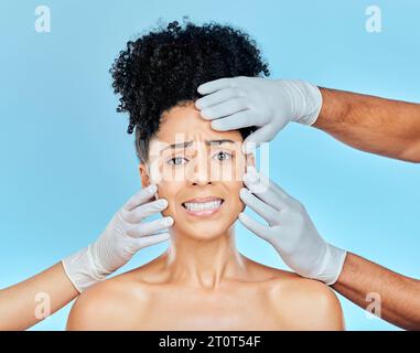Plastic surgery, fear and portrait of woman with syringe needle in skin ...