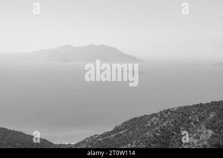 Black and white coastal view of a Makri island, one of the Echinades ...