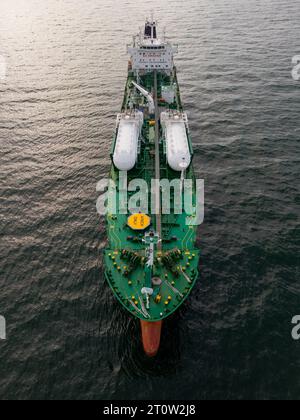 Aerial top view of oil ship tanker and lpg ship at industrial port ...