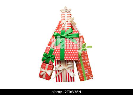 Christmas tree made of beautifuly wrapped presents on colored ...