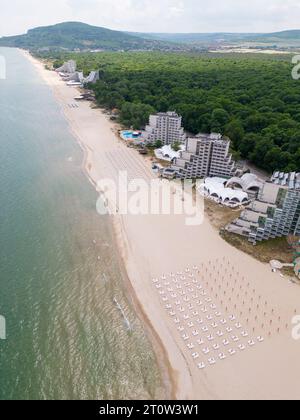 Aerial view of the Bulgarian town of Albena unfolds along the ...