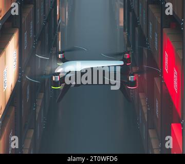 Warehouse drone scanning QR codes on the cardboard boxes in a metal ...