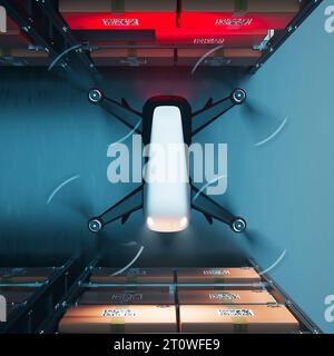 Warehouse drone scanning QR codes on the cardboard boxes in a metal ...