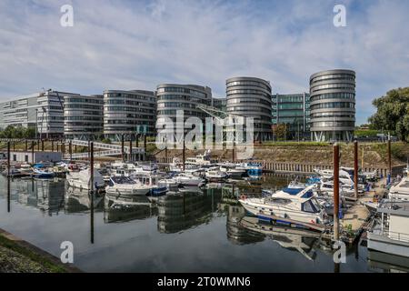 View into the Duisburg inner harbor, the marina with motorboats, motor ...