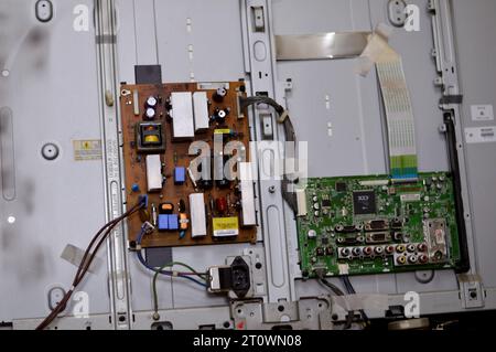 interior of LCD TV Television main board power circuit, wires ...