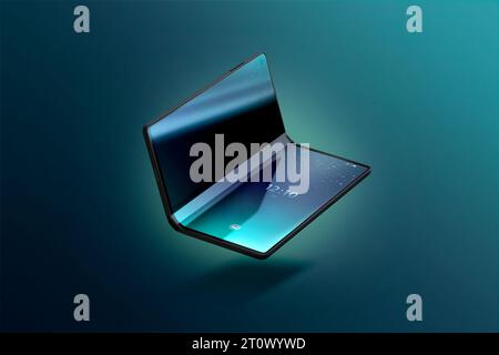 Turned on flexible book phone display half opened mockup, isolated ...