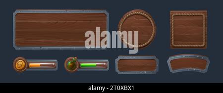 Wooden frames and score bars, boards and buttons with jungle leaves and ...