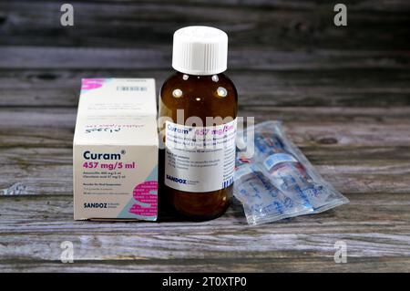 Cairo, Egypt, October 1 2023: Curam 457 mg per 5 ml (Amoxycillin 400 mg ...