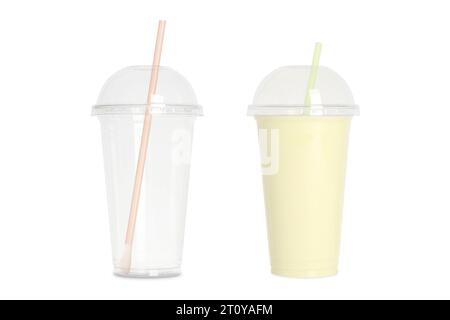 Empty and full smoothie plastic cups isolated on white, set Stock Photo ...