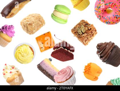 Many different tasty desserts falling on white background Stock Photo ...