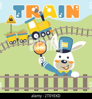 funny rabbit on steam train with friends, vector cartoon illustration ...