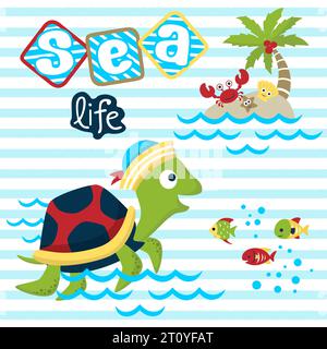 Cute turtle wearing sailor cap on anchors background, vector cartoon ...