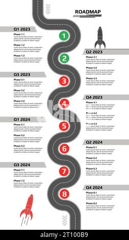 Vertical roadmap with winding road with milestones and rocket on white ...