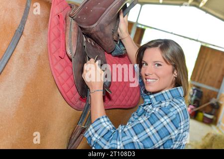 Lady securing saddle on to horse Stock Photo - Alamy