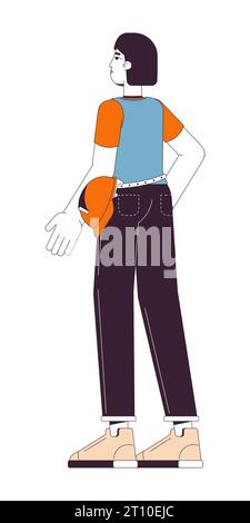 Asian repair woman standing back view black and white 2D line cartoon ...