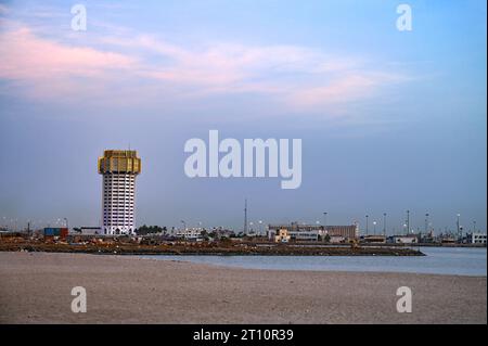 Port of Jeddah, Saudi Arabia. Skyline with white traffic control tower ...