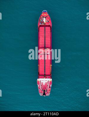 Large general cargo ship, Top down aerial Stock Photo - Alamy