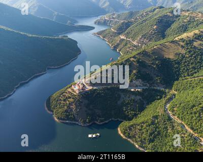 Aerial panoramic top view of Vacha Reservoir located in Bulgaria near ...