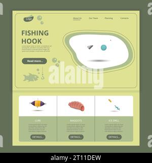 Maggots flat landing page website template. Rod pod, fishing line, fish ...