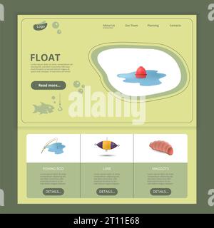 Maggots flat landing page website template. Rod pod, fishing line, fish ...