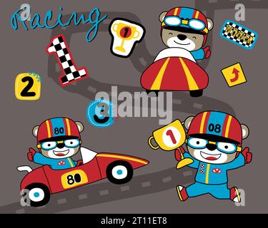 cartoon teddy bear racing car isolated on white background. Vector ...