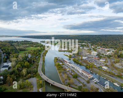 Early afternoon autumn aerial photo view of Saratoga Springs New York ...