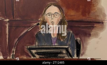 In this courtroom sketch, Caroline Ellison, right, testifies as she is ...