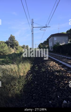 Railroad track with overhead cables passing in a forest next to a town ...