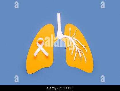 Paper lungs with white ribbon on grey background. Lung cancer concept ...