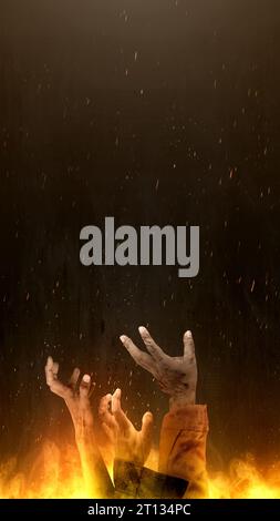 Zombie hands with a fire flames background. Scary Halloween concept ...