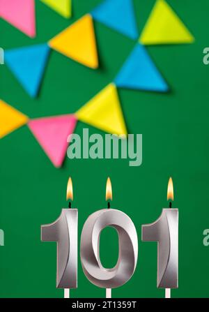 Birthday candle number 101 - Vertical anniversary card with green ...