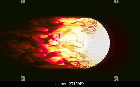 Burning baseball ball flying at high speed on black background Stock ...