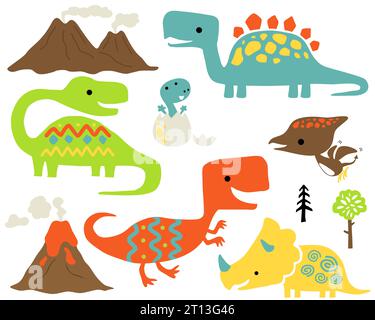 Set of cute dinosaurs and volcano eruption isolated on white background illustration Stock ...