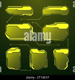 Yellow futuristic HUD, UI elements. Sci-fi user interface text boxes, callouts. Warning message ...