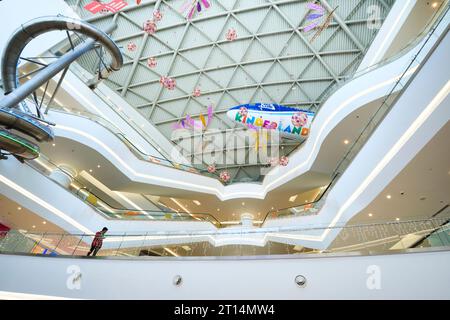 Interior view of the soaring shopping levels inside the airy, modern ...