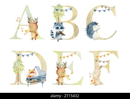 Watercolor woodland animals letters for invitation card, nursery poster ...